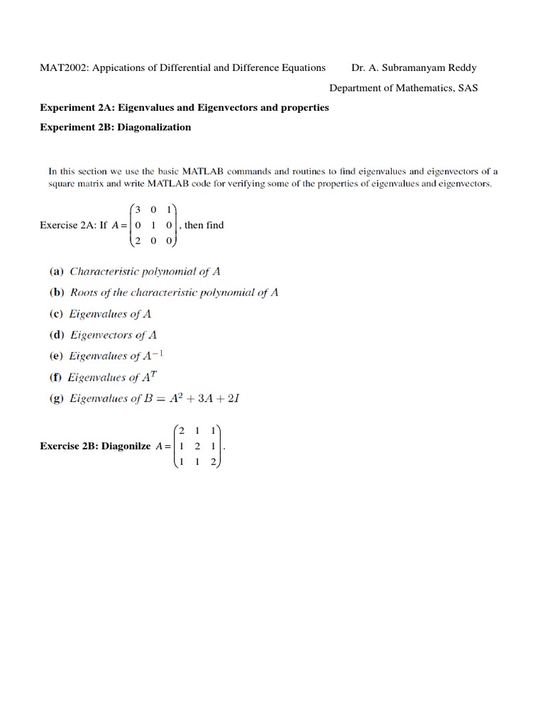 Experiment 2A: Eigenvalues and Eigenvectors and Properties Experiment ...