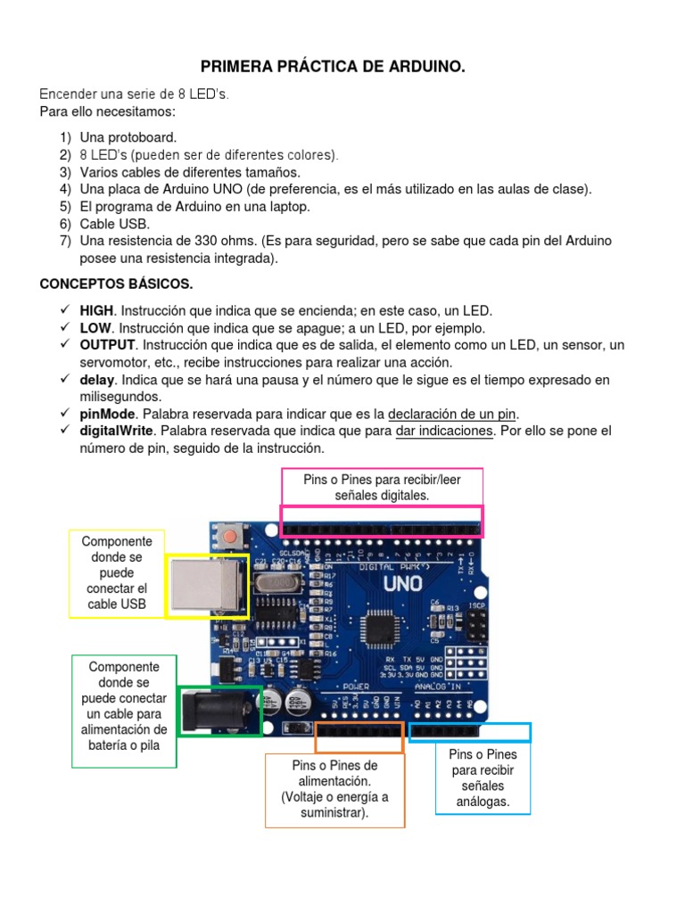 Práctica de Arduino. (8 LEDS) | PDF | Arduino | Diodo emisor de luz