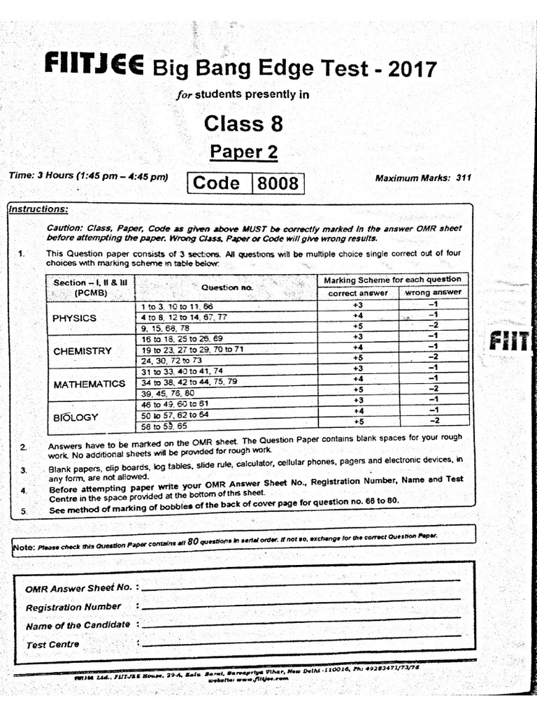 FIITJEE Big Bang Examination BBE Class 8 | PDF