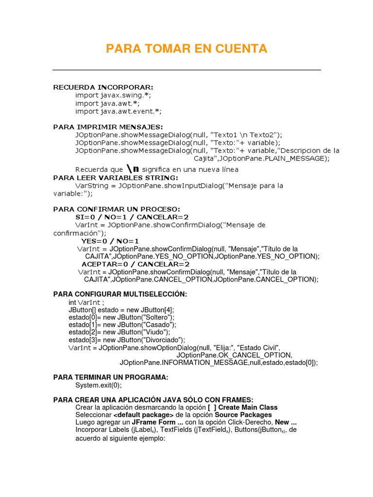 Uso de JOptionPane en Java Swing | PDF | Programación de computadoras | Informática