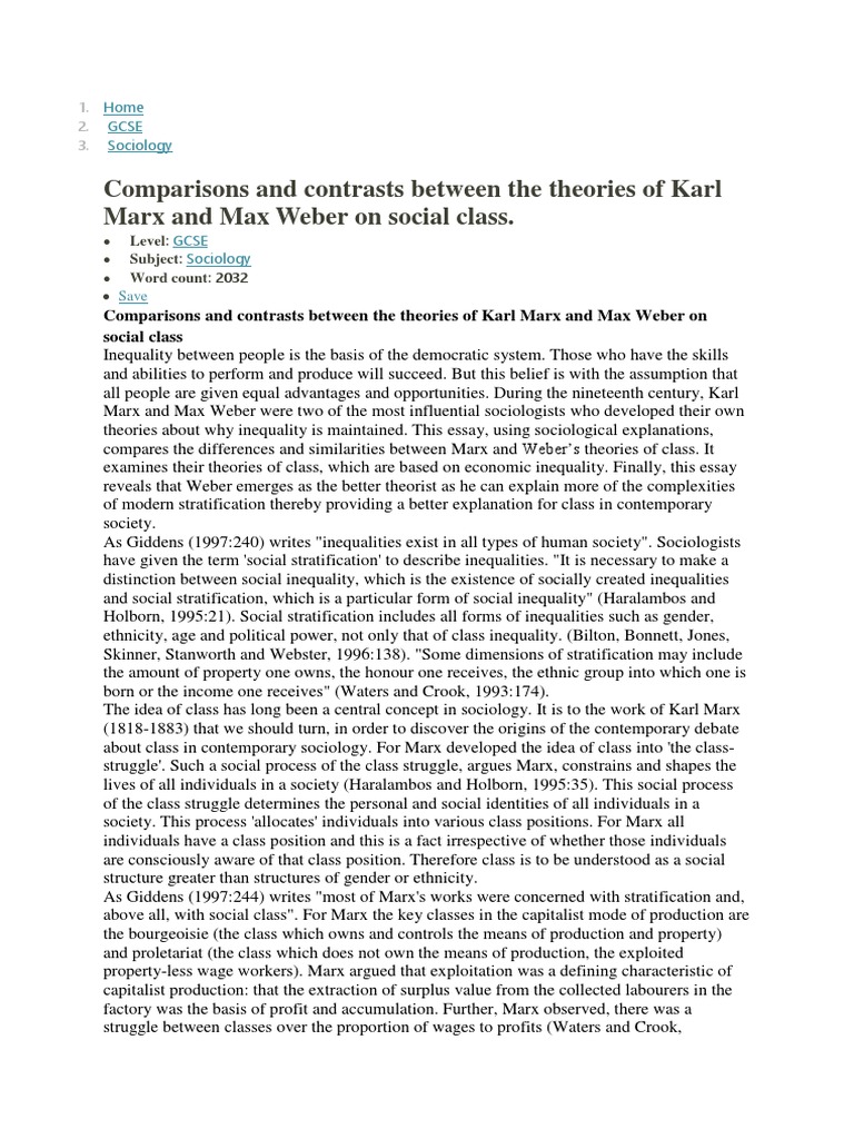 Comparisons and Contrasts Between The Theories of Karl Marx and Max ...