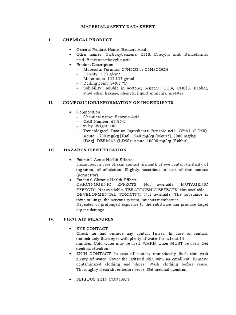 Msds Benzoic Acid | PDF | Water | Chemistry