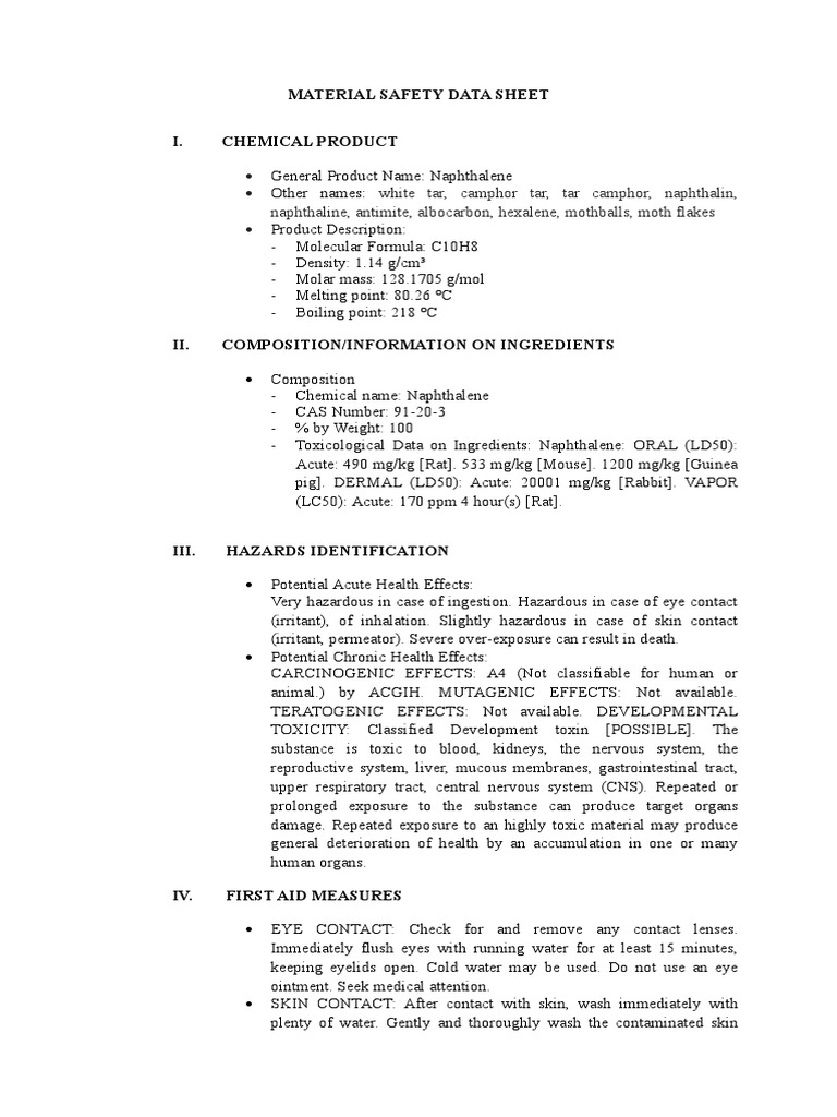 Msds Naphthalene | PDF | Toxicity | Fires