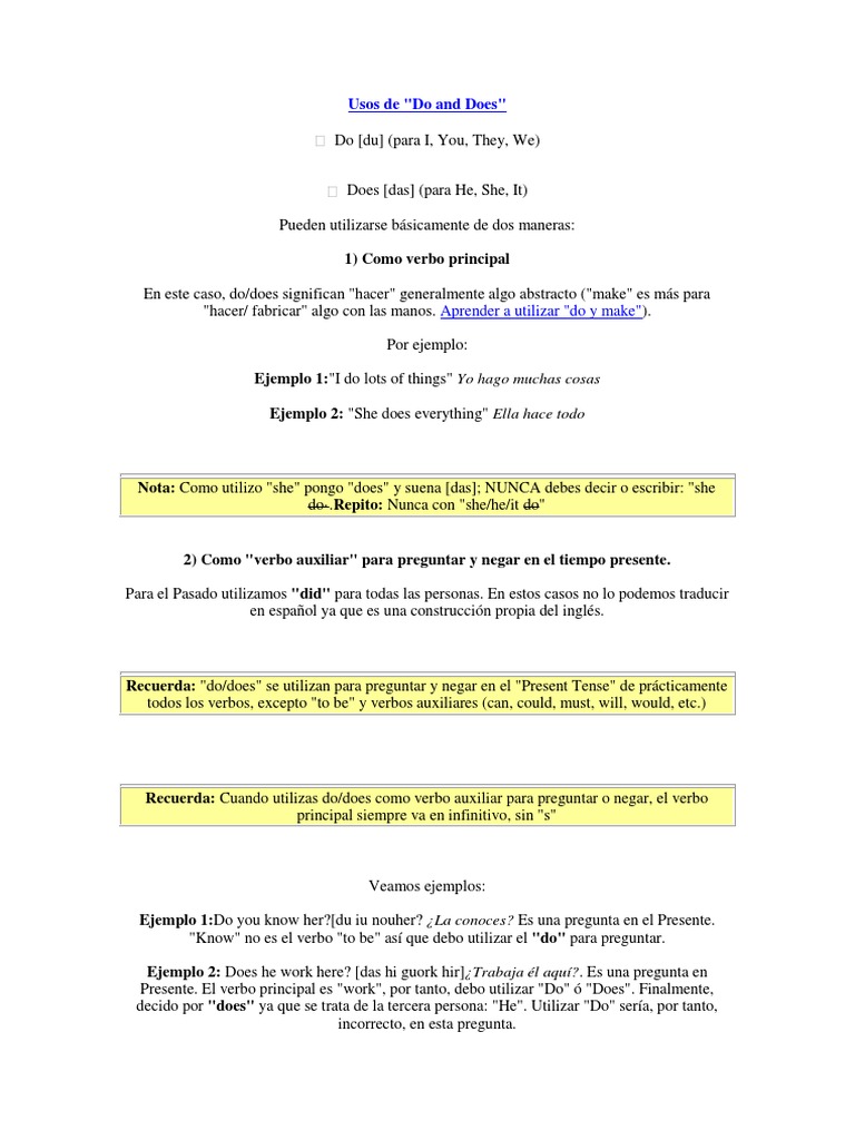 Uso de Auxiliar Do, Does, Did | PDF | Tipología Lingüística | Sintaxis