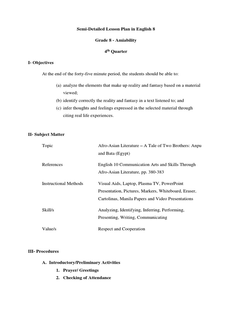 Semi-Detailed Lesson Plan in English 8 Grade 8 - Amiability 4 Quarter I ...