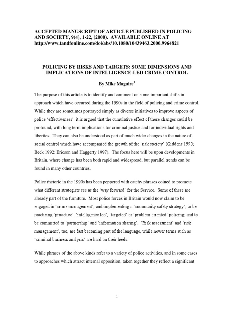 Policing by Risks and Targets Some Dimen | PDF | Police | Crime & Violence