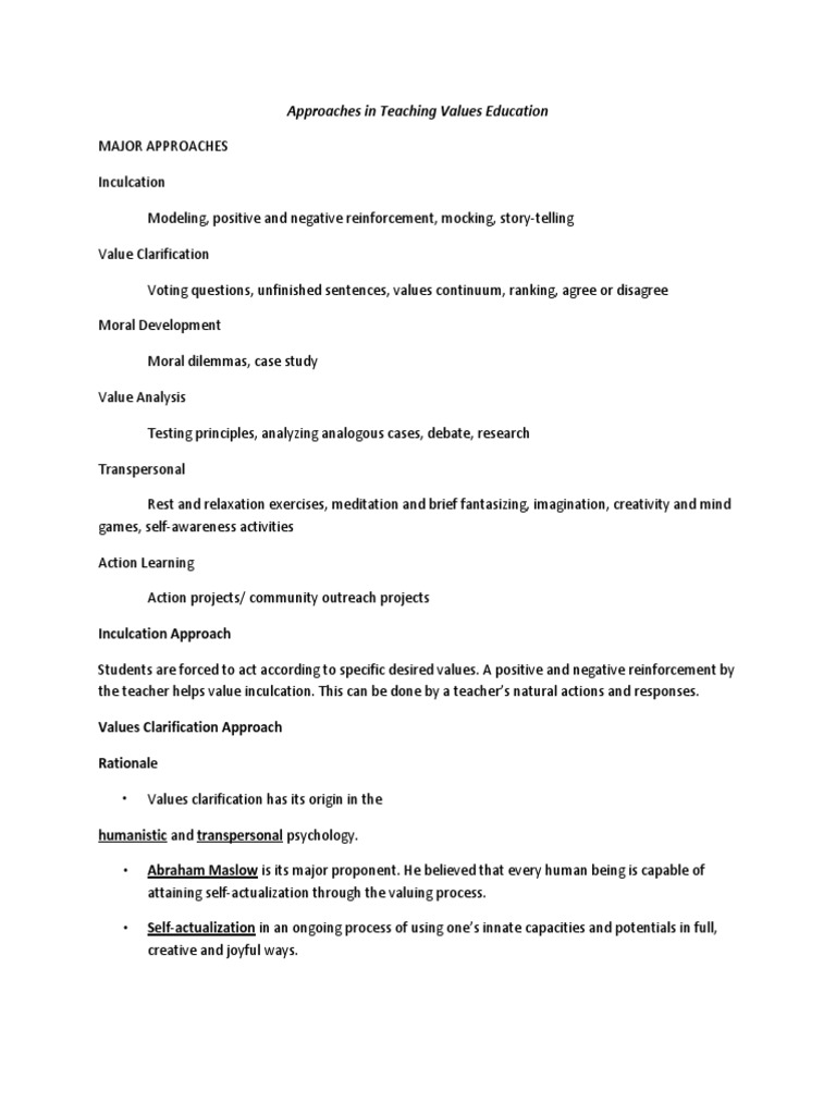 Approaches in Teaching Values Education: Inculcation Approach | PDF ...