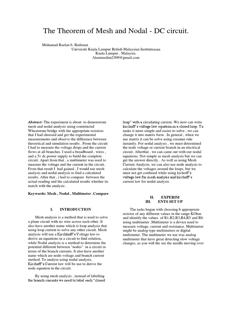 An Experimental Analysis of Mesh and Nodal Methods in DC Circuits | PDF | Electrical Network ...