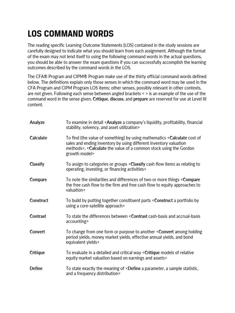 Cfa and Cipm Los Command Words | PDF | Test (Assessment) | Evaluation