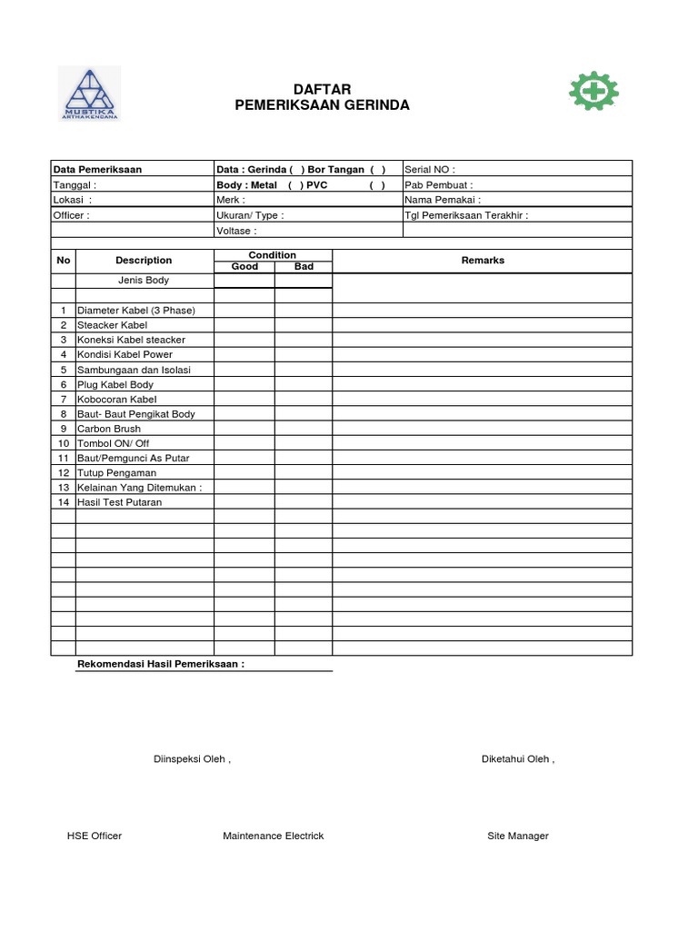DAFTAR PEMERIKSAAN GERINDA | PDF