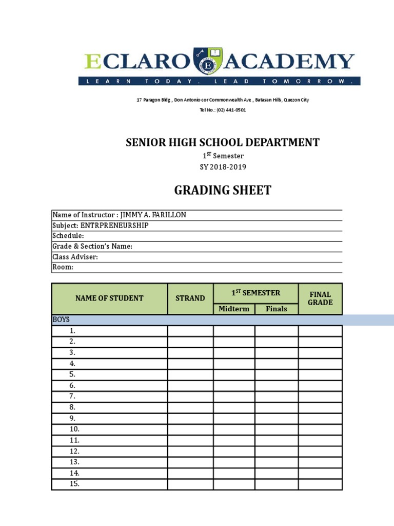 Grading Sheet in SHS | PDF