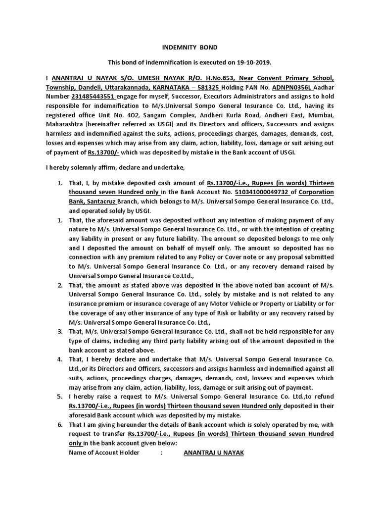 Indemnity Bond Universal Sompo General Insurane Co LTD | PDF | Indemnity | Liability Insurance
