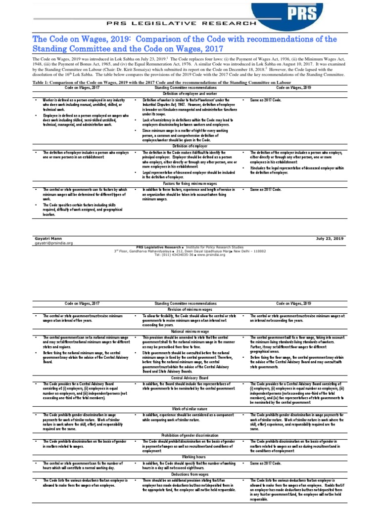 Code on Wages 2019 vs 2017 Comparison | PDF | Employment | Social ...
