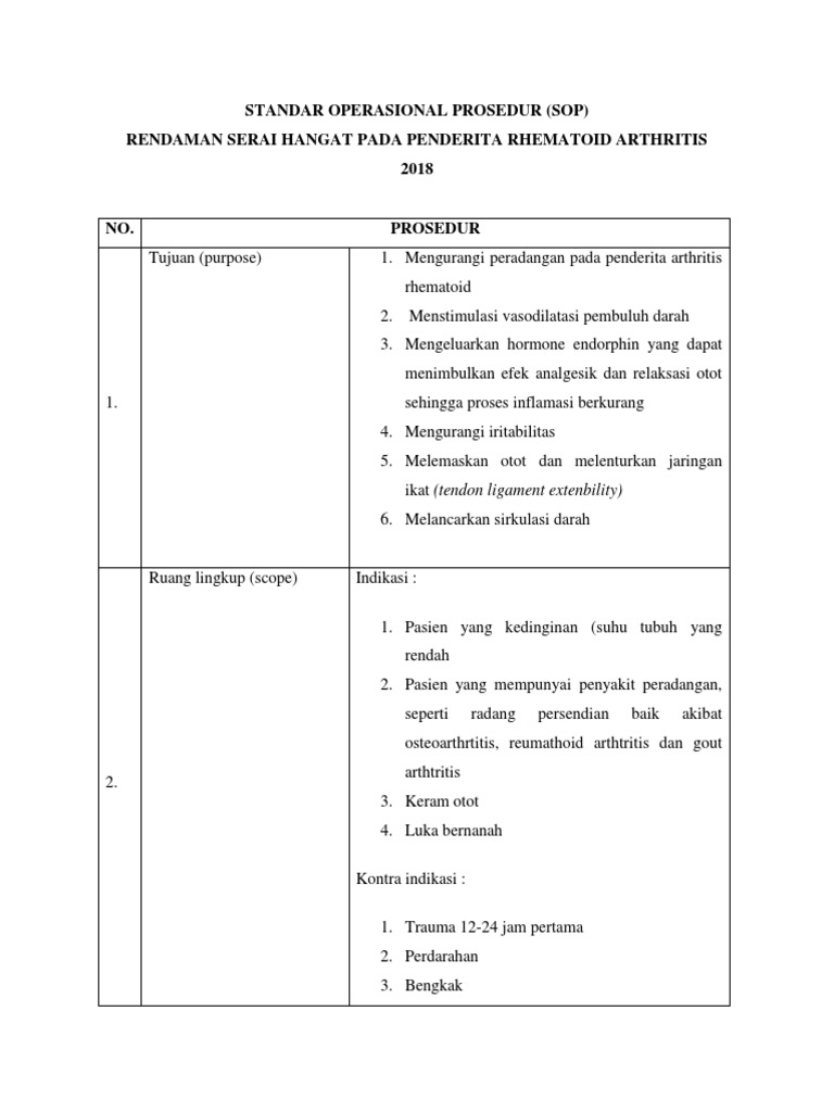 Standar Operasional Prosedur (Sop) Rendaman Serai Hangat Pada Penderita Rhematoid Arthritis 2018 ...