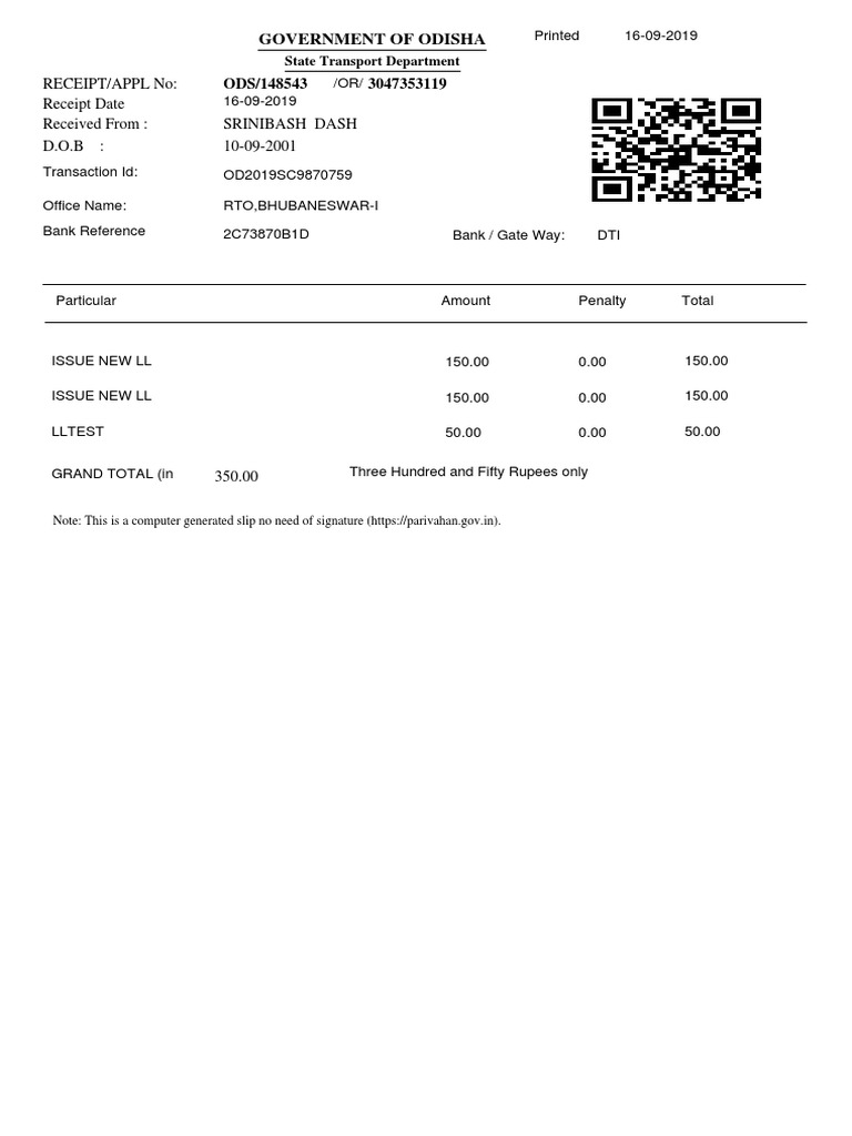 Government of Odisha: Receipt/Appl No: Receipt Date Srinibash Dash 10 ...