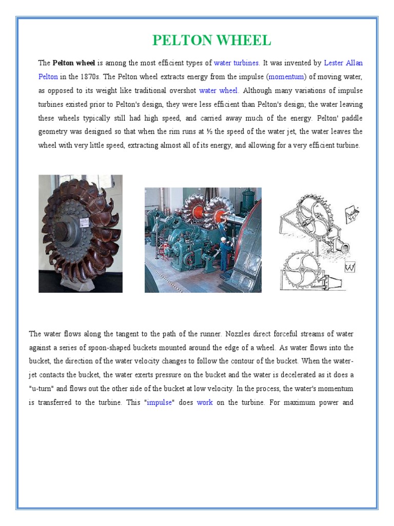 Pelton Wheel: Water Turbines Lester Allan Pelton Momentum Water Wheel ...