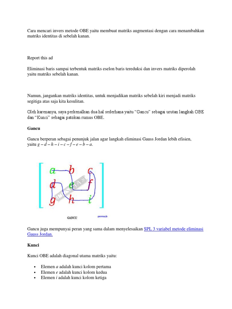 Cara Mencari Invers Metode OBE Yaitu Membuat Matriks Augmentasi Dengan ...
