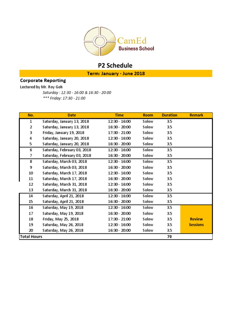 P2 Schedule: Corporate Reporting Term: January - June 2018 | PDF