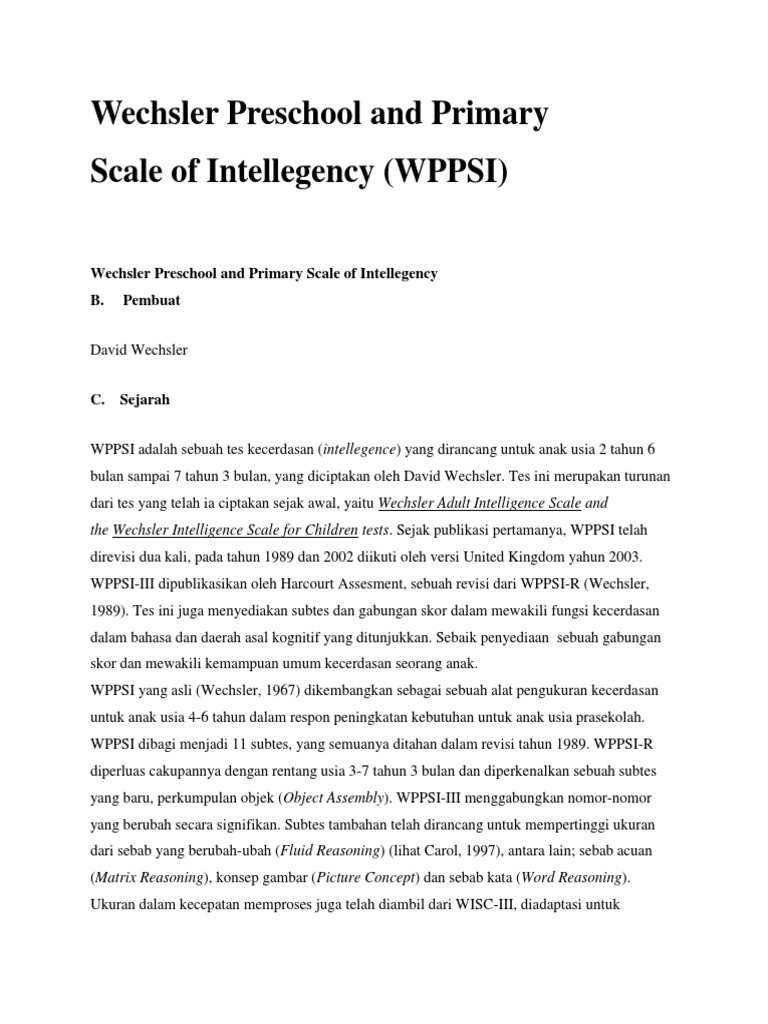 Wechsler Preschool and Primary Scale of Intellegency | PDF