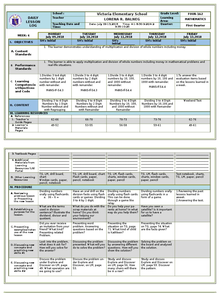 DLL Math-1st Quarter (Week6) | PDF | Division (Mathematics) | Learning
