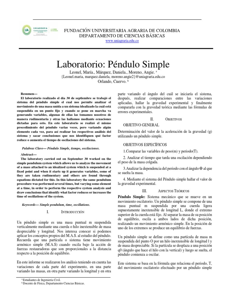 Lab. Péndulo Simple. | PDF | Péndulo | Física
