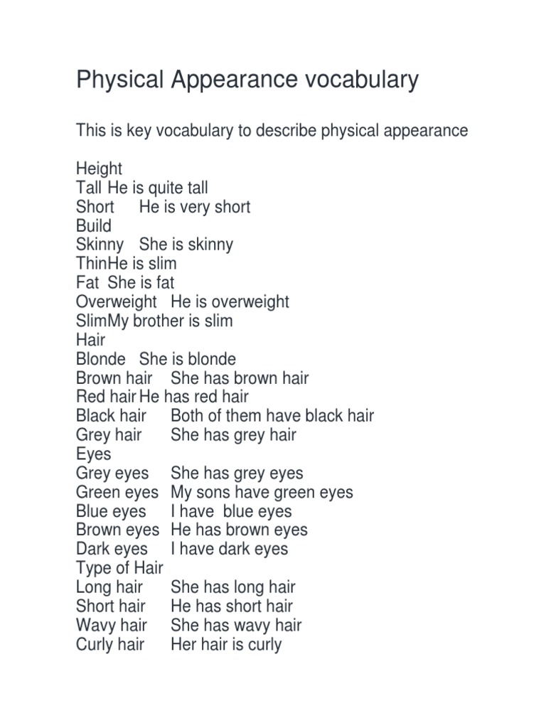 Physical Appearance Vocabulary | PDF | Hair | Human Body
