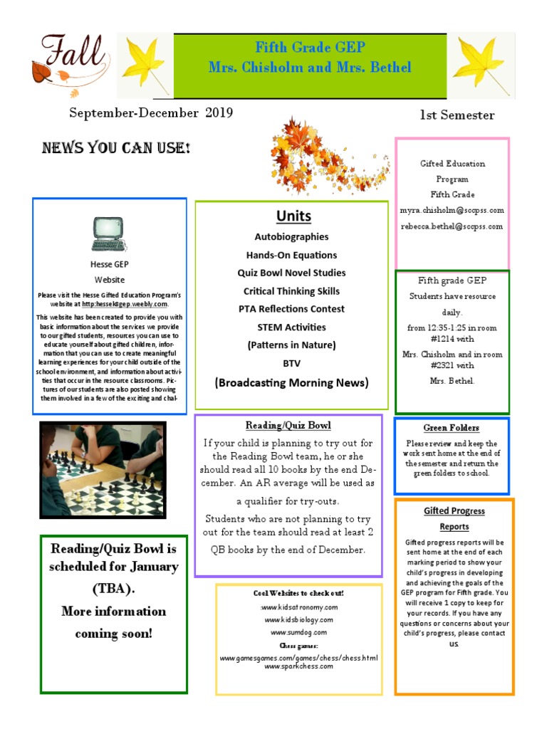 Fifth Grade 1st Semester Newsletter 2019 | PDF | Gifted Education ...