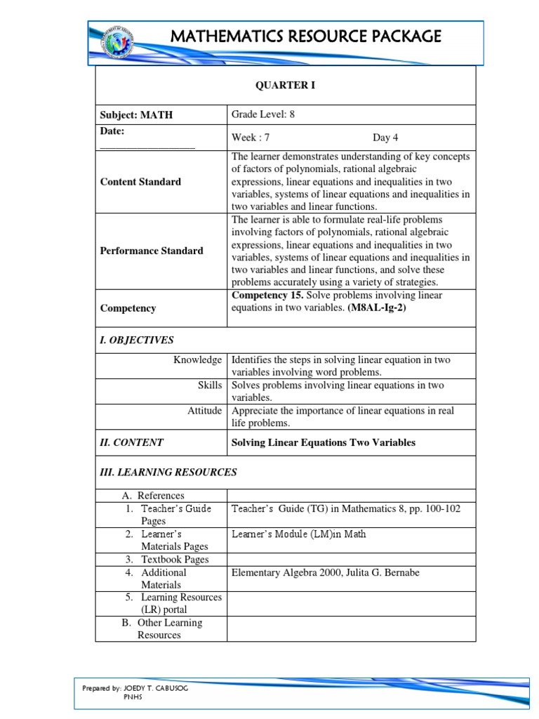 Mathematics Resource Package: Quarter I | PDF | Variable (Mathematics ...