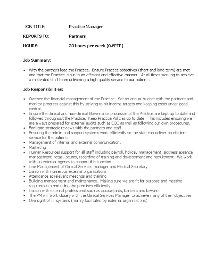 Practice Manager Job Description - Oct 2019 | PDF | Confidentiality ...
