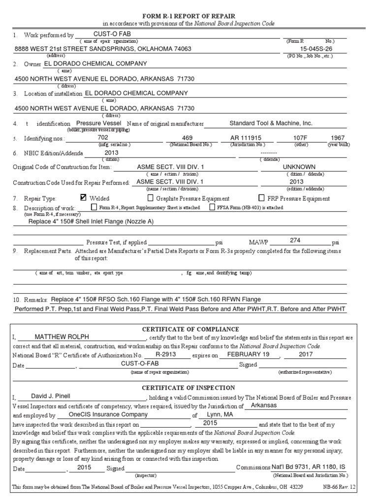 Cust-O Fab: Form R-1 Report Of Repair | Business