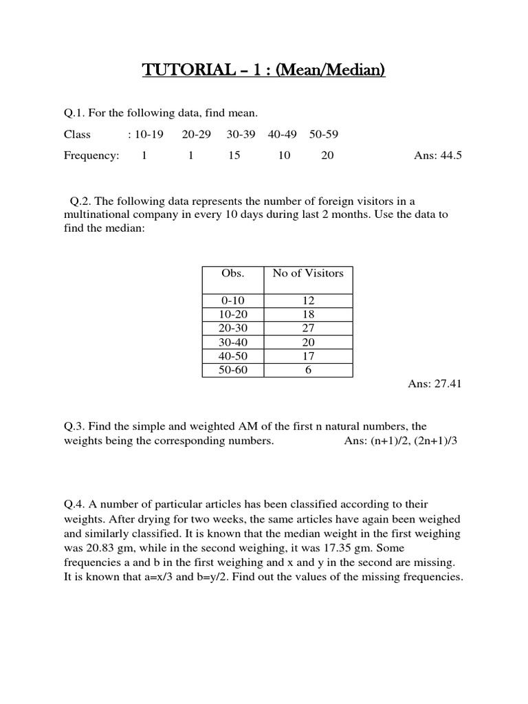 Tutorial - Mean and Median | PDF | Median | Mean