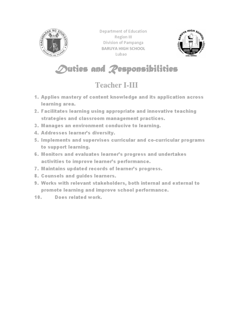 Duties and Responsibilities: Teacher I-III | PDF | Teachers | Mentorship