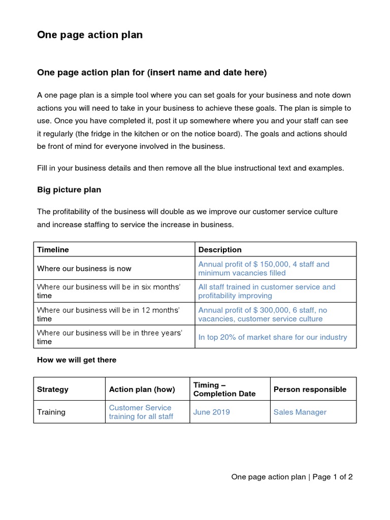 One Page Action Plan For (Insert Name and Date Here) | PDF