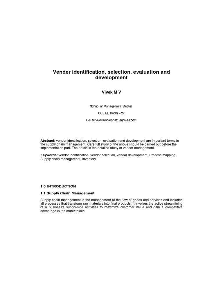 Vendor Identification Selection and Evaluation | PDF | Supply Chain ...