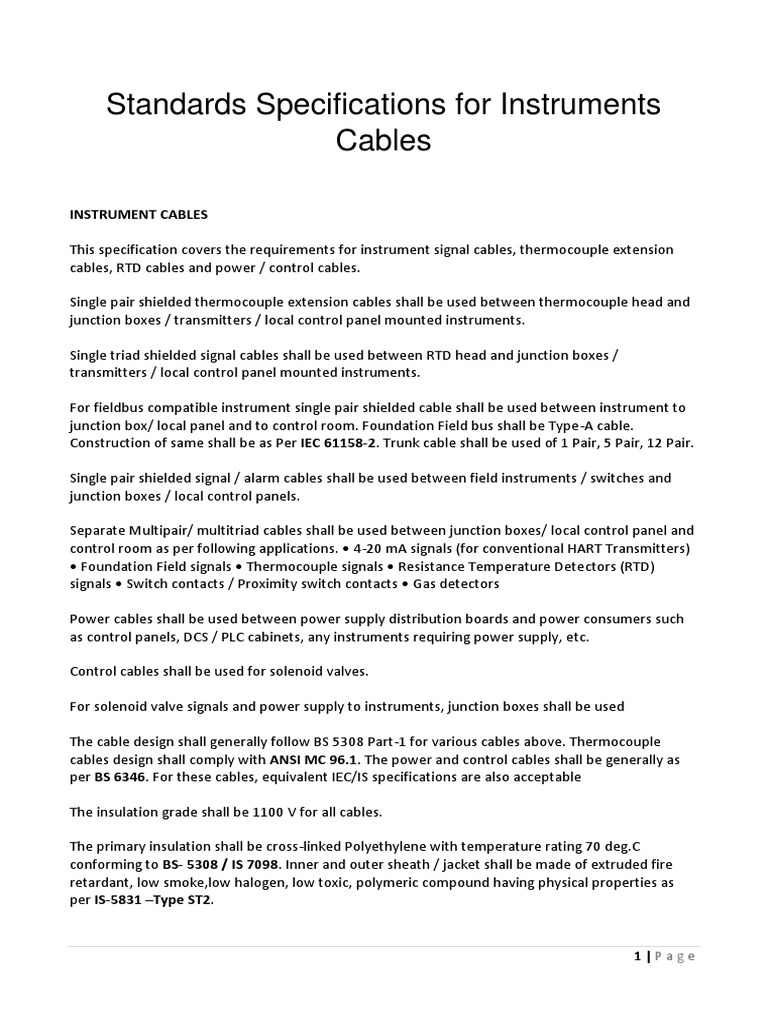 Standards Specifications For Instrument Cables | PDF | Wire ...