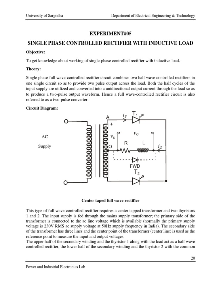 Experiment#05 Single Phase Controlled Rectifier With Inductive Load | PDF | Rectifier | Transformer