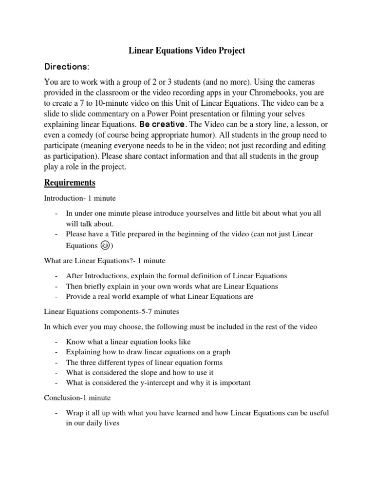 Linear Equations Video Project Guide | PDF