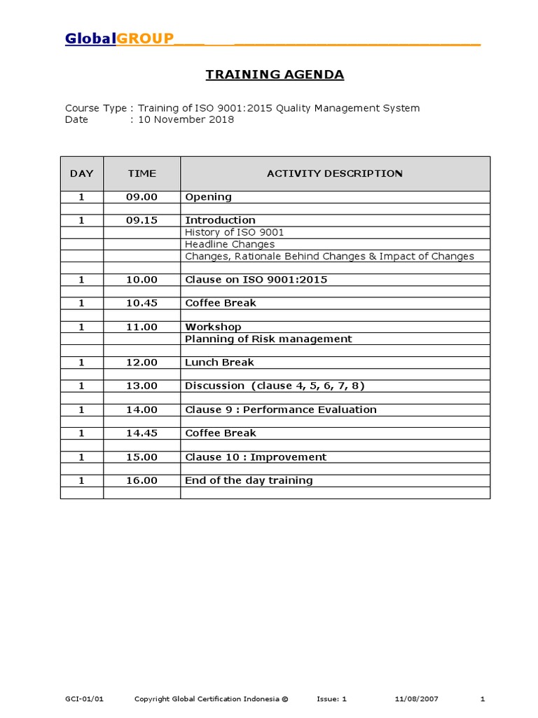 Agenda Pelatihan Iso | PDF