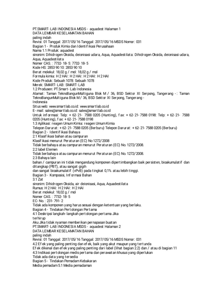 MSDS for Aquadest by PT. Smart-Lab | PDF | Science & Mathematics