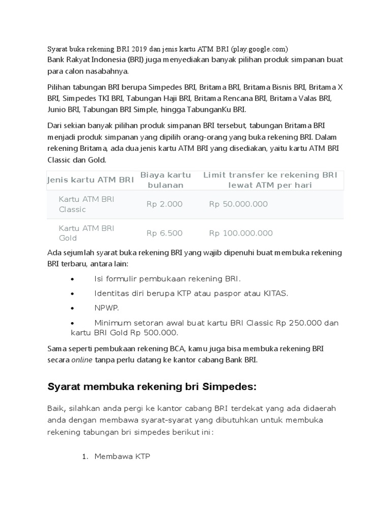 Syarat Buka Rekening BRI 2019 Dan Jenis Kartu ATM BRI | PDF | Bisnis ...