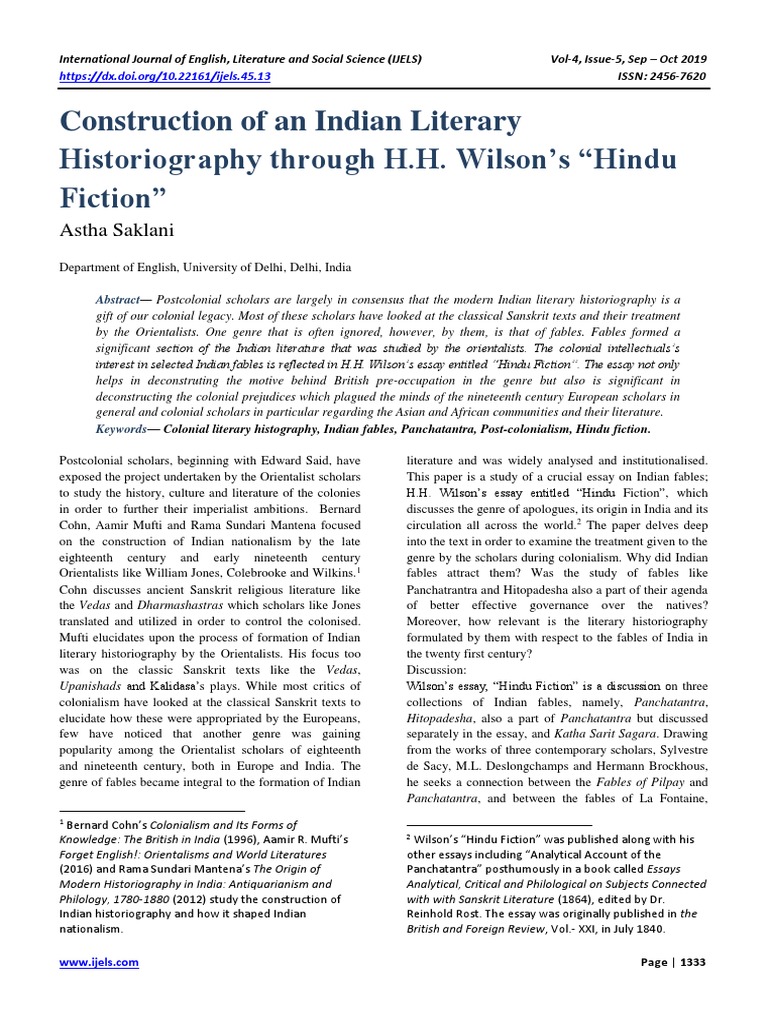Construction of An Indian Literary Historiography Through H.H. Wilson's ...
