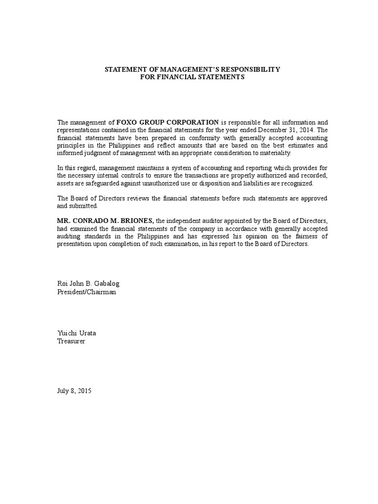 Statement of Management Responsibility | PDF | Tax Return (United ...