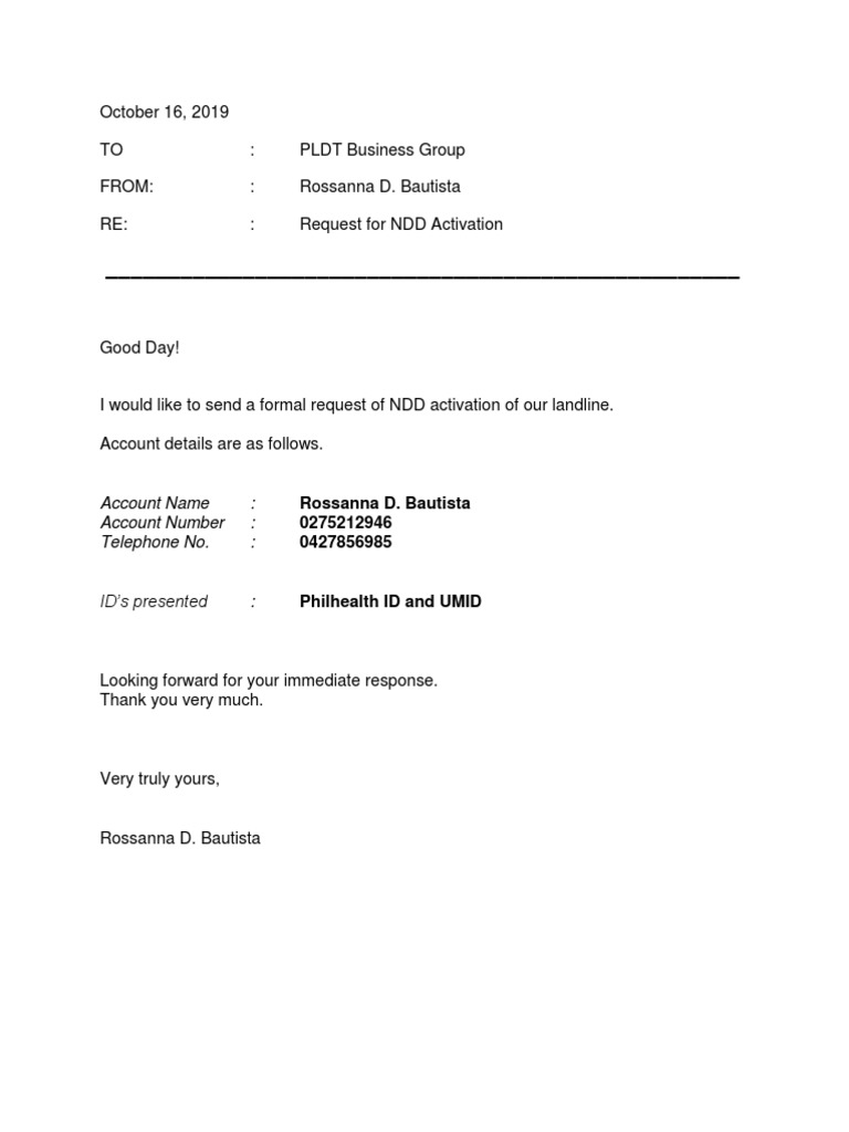 PLDT NDD Request Activation - Bautista | PDF | Finance & Money ...