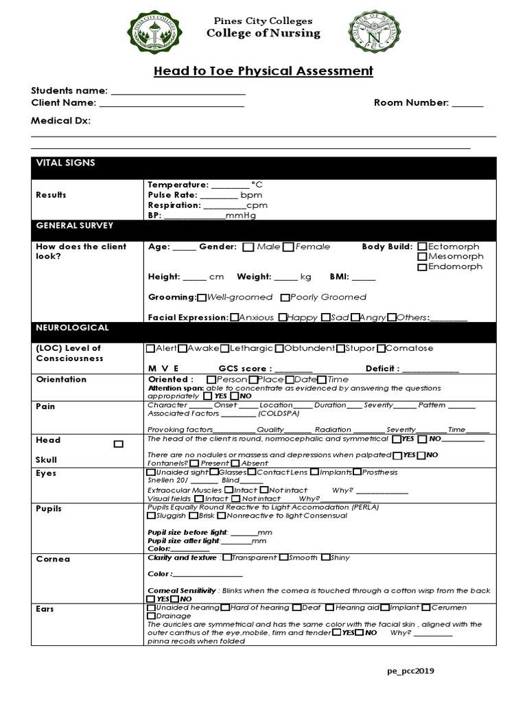 Head To Toe Physical Assessment: College of Nursing | PDF | Ear ...
