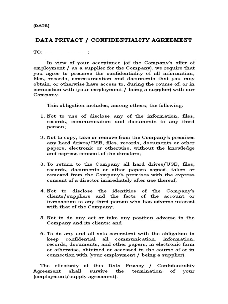 Data Privacy / Confidentiality Agreement: (DATE) | PDF