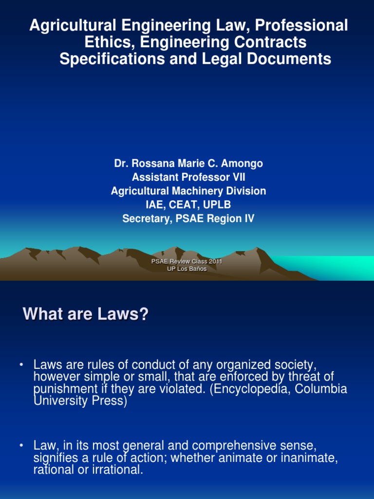 Agricultural Engineering Law, Professional Ethics, Engineering Contracts Specifications and ...
