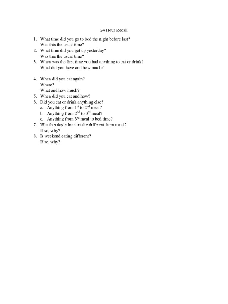 24 Hour Recall and Food Frequency Questionnaire | PDF