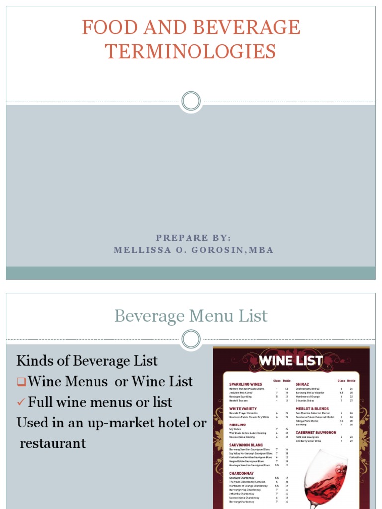 Food and Beverage Terminologies: Prepare By: Mellissa O. Gorosin, Mba ...