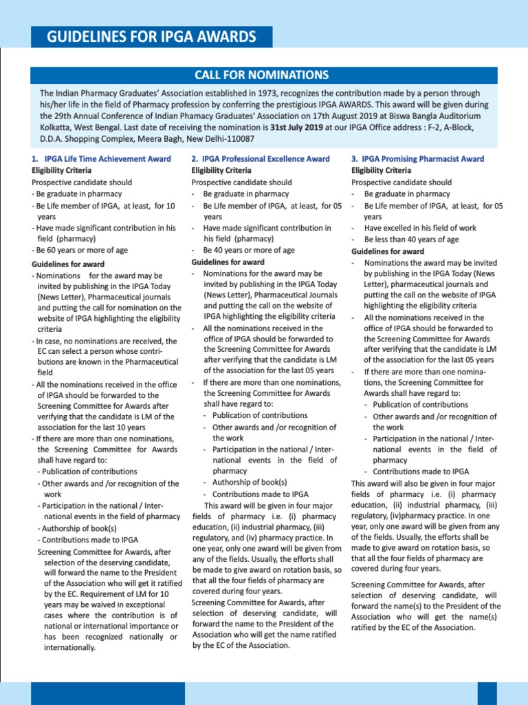 IPGA Award Guidelines 2019 | Download Free PDF | Pharmacist | Government