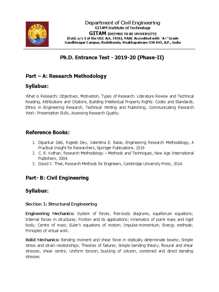 CE PHD Entrance Test Syllabus Model Paper | PDF | Bending | Hydrology